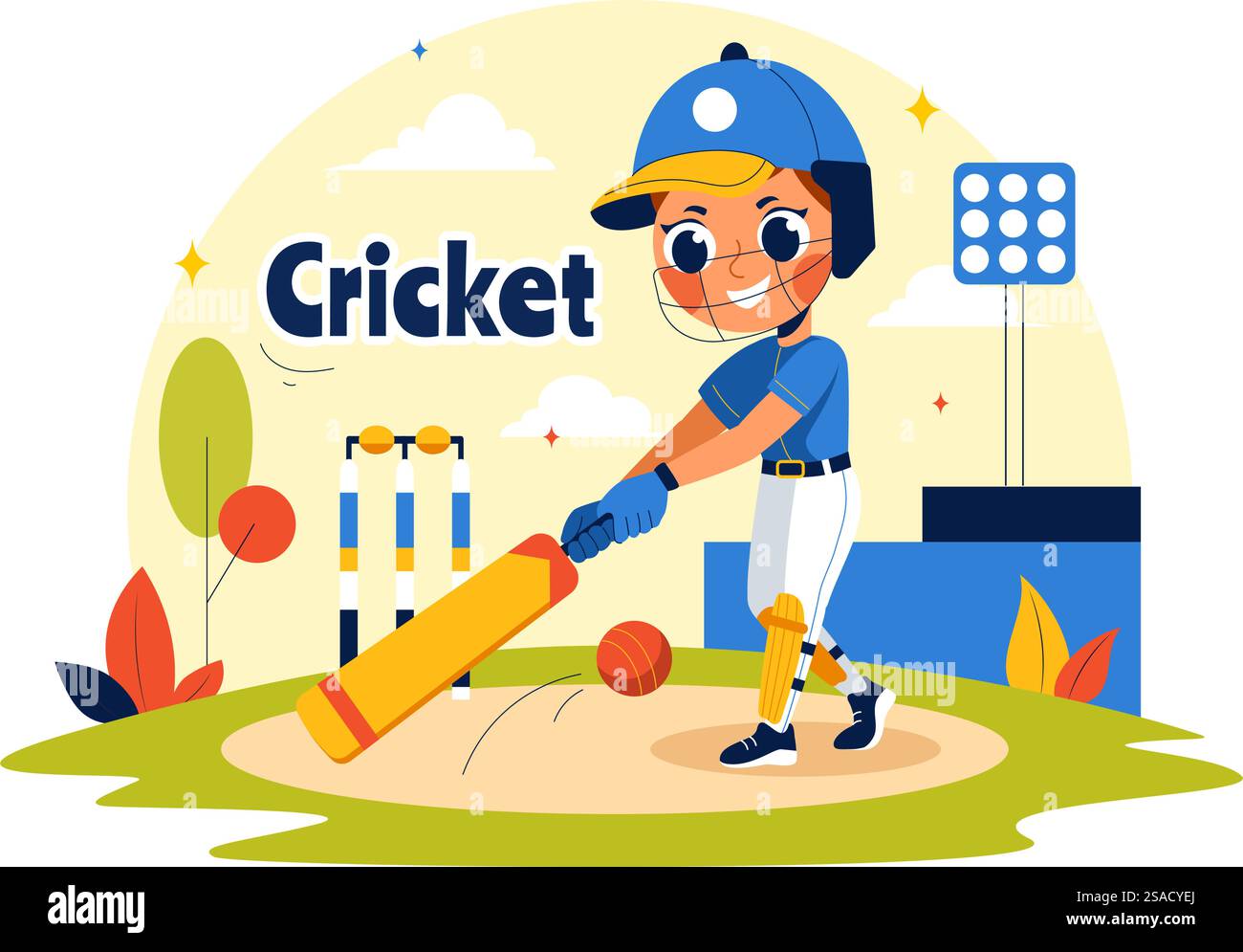Batsman Playing Cricket Vector Illustration with Bat and Ball on the Field for Championship ...