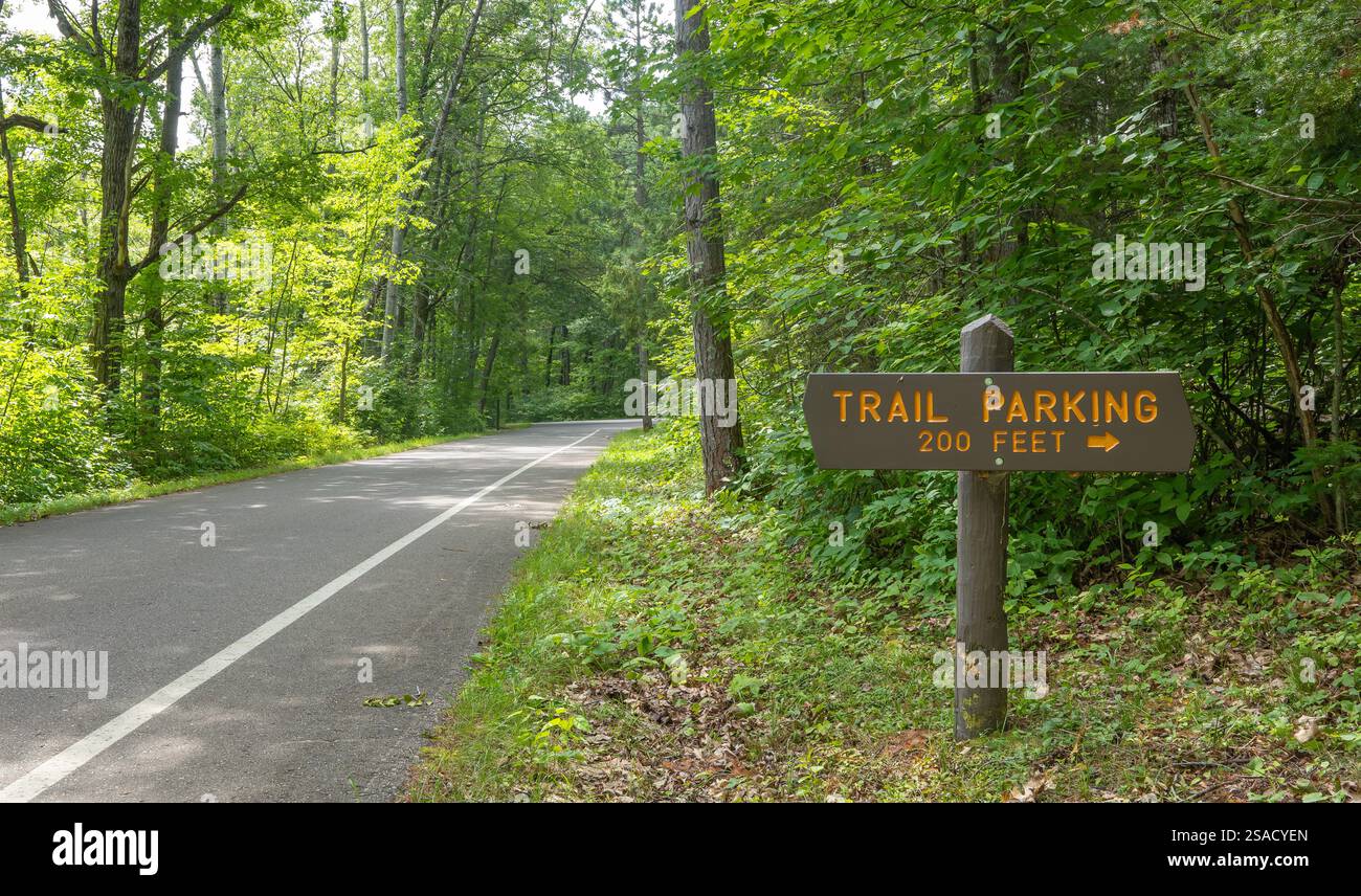 Forest asphalt road and green trees and a sign indicating Trail Parking ...