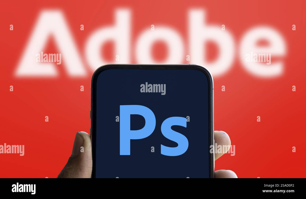 Adobe photoshop logo is displayed on smartphone. Adobe Photoshop is a ...