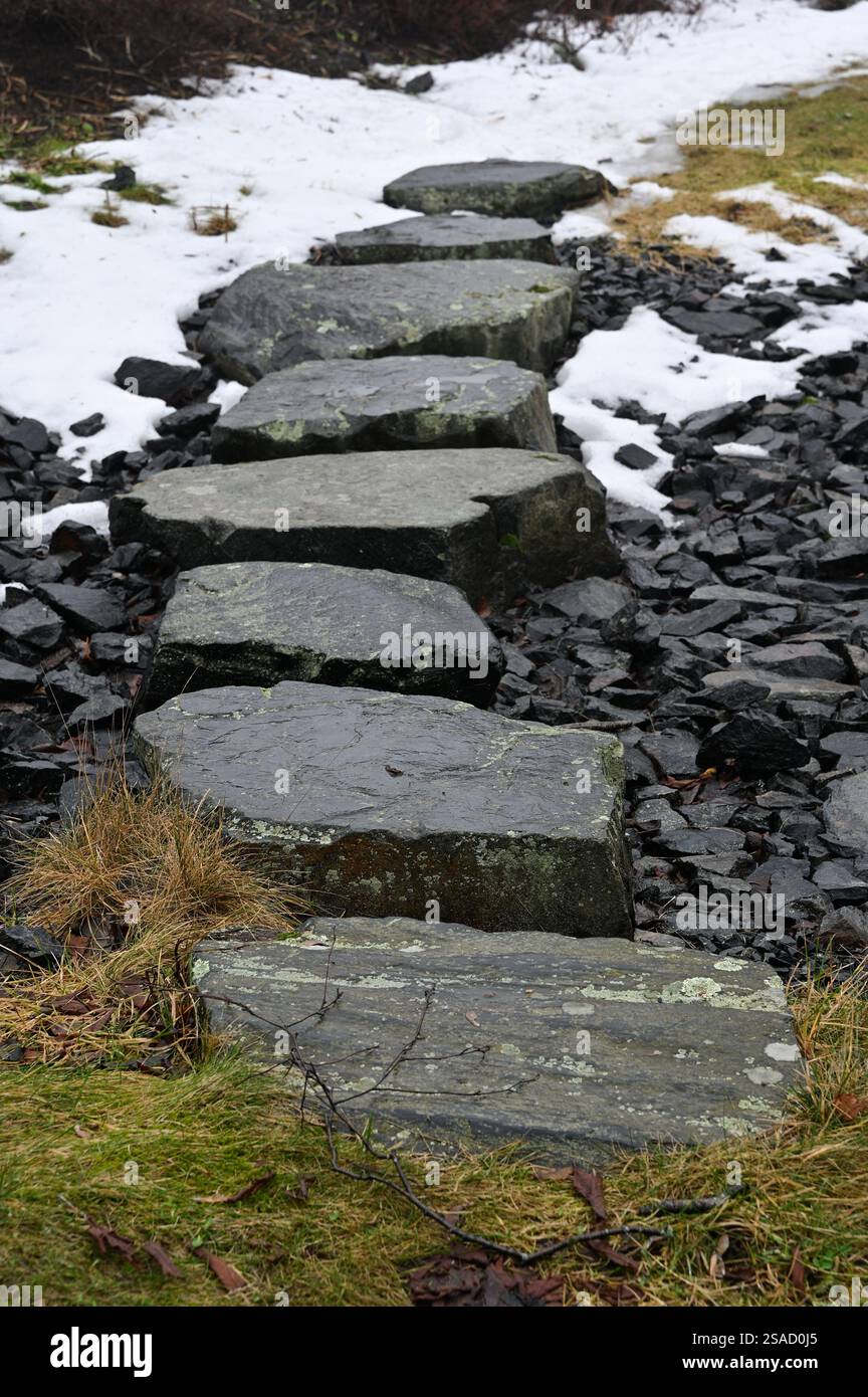A rugged stone pathway winds through a natural setting, partially ...