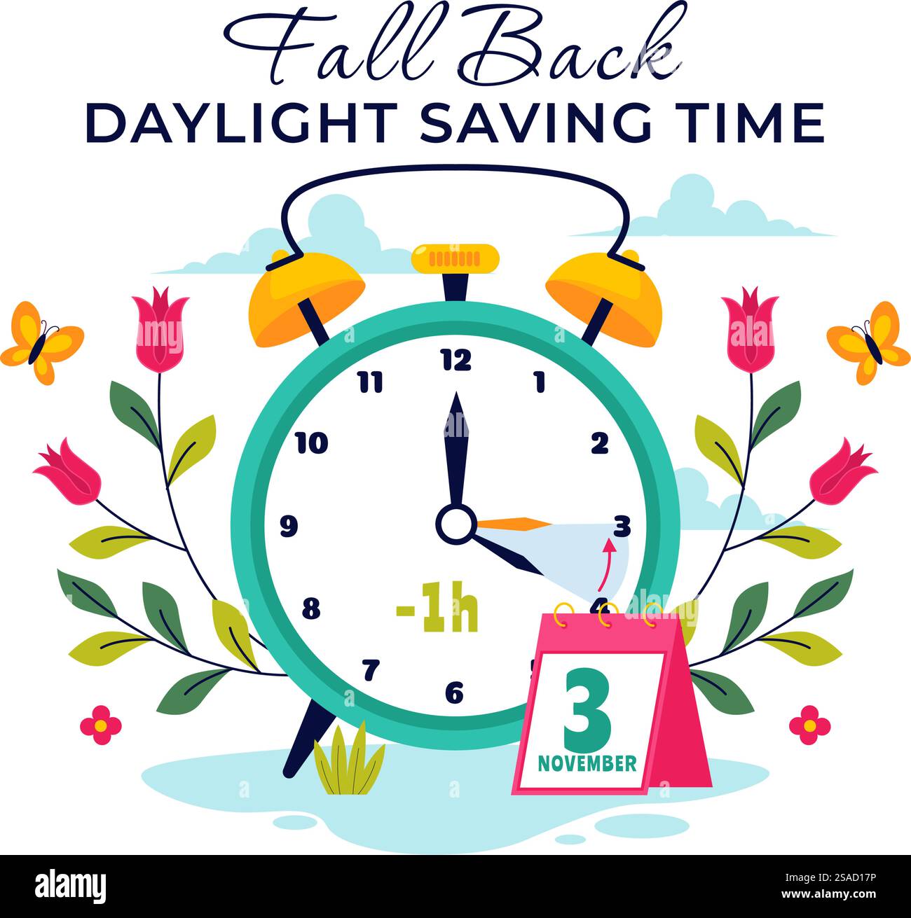 Daylight Saving Time Vector Illustration with Alarm Clock and Calendar ...
