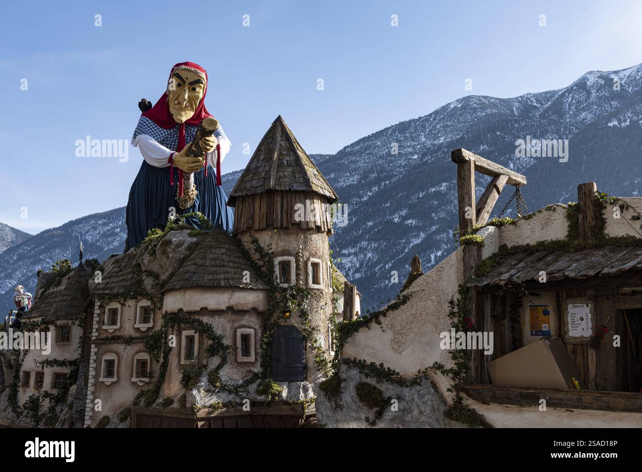 Witch on witch's house, float, parade at carnival in Tarrenz, Tyrol ...