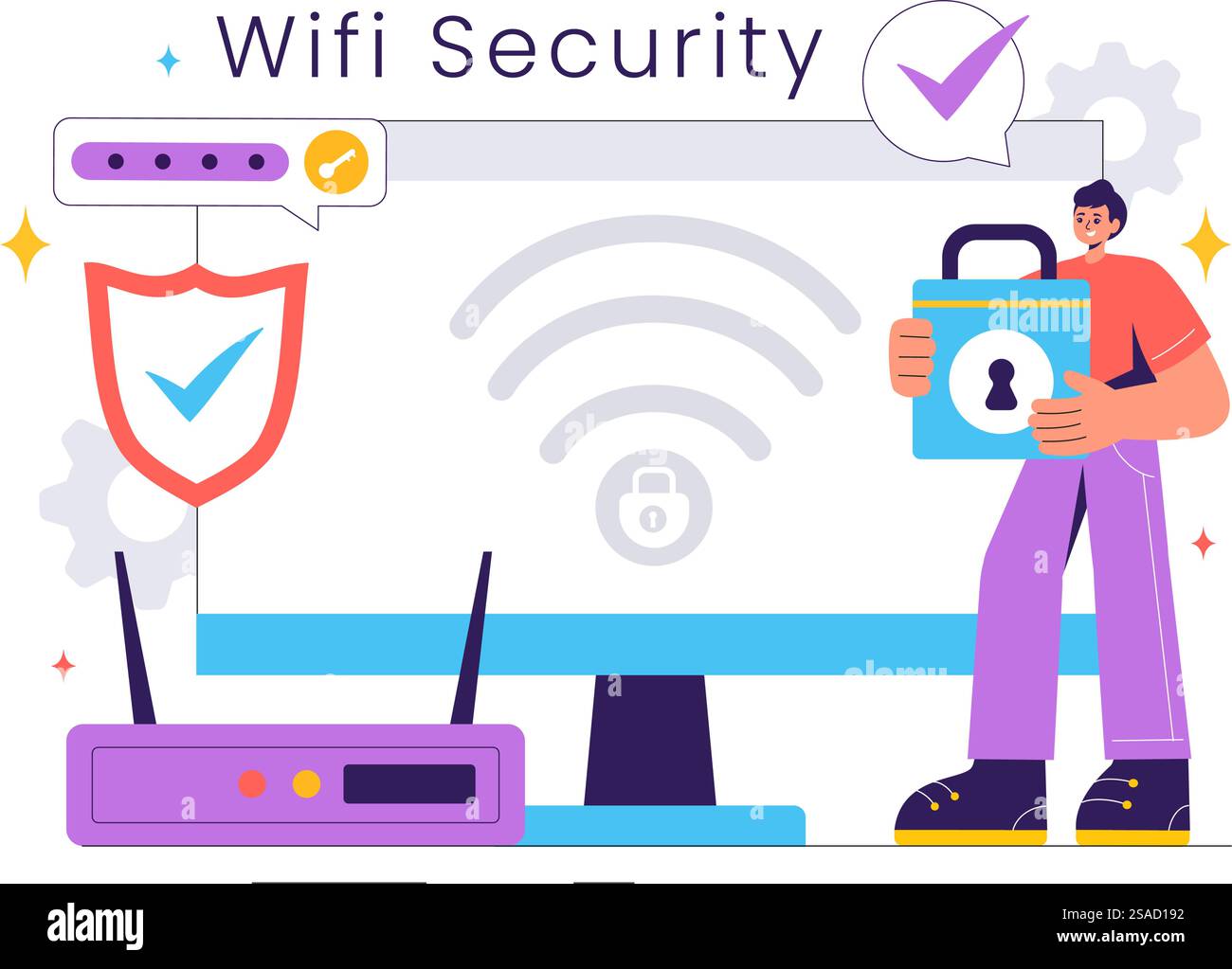 WiFi Security Vector Illustration with Wireless Technology Devices for Internet Connection ...