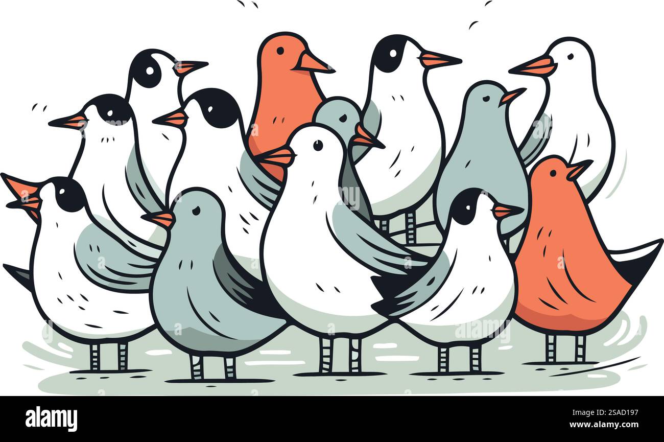 Flock of cute seagulls. Vector illustration in cartoon style Stock ...
