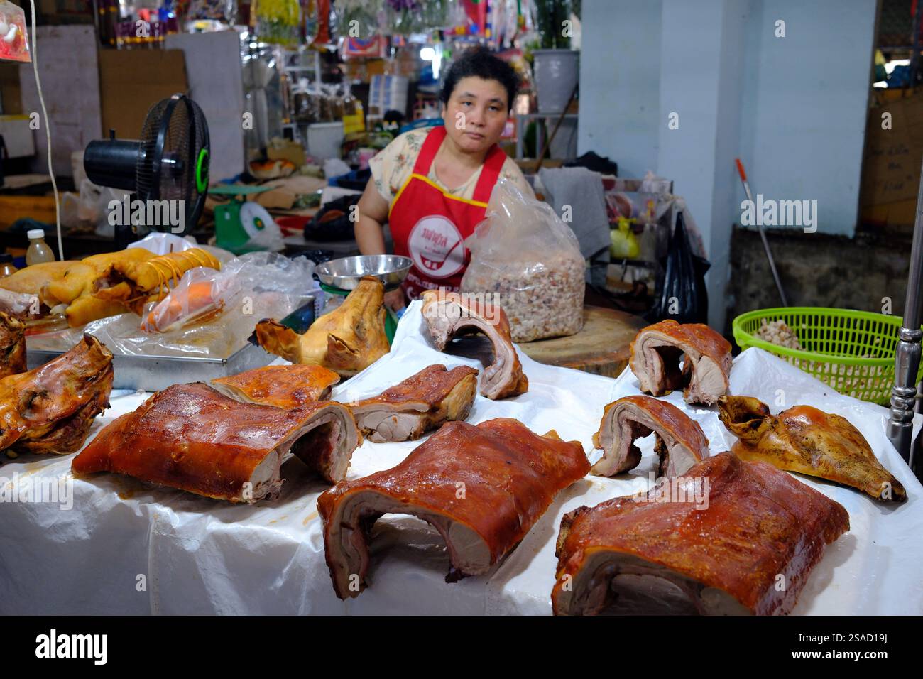 Woman selling fresh meat at Dong Ba market. Hue. Vietnam Stock Photo ...