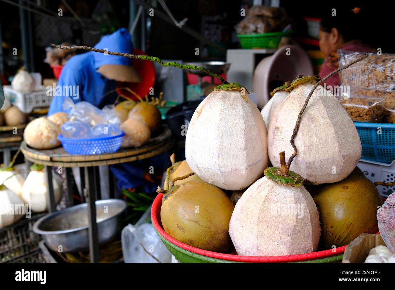 Dong Ba market. Food stand. Fresh coconuts for sale. Hue. Vietnam Stock ...