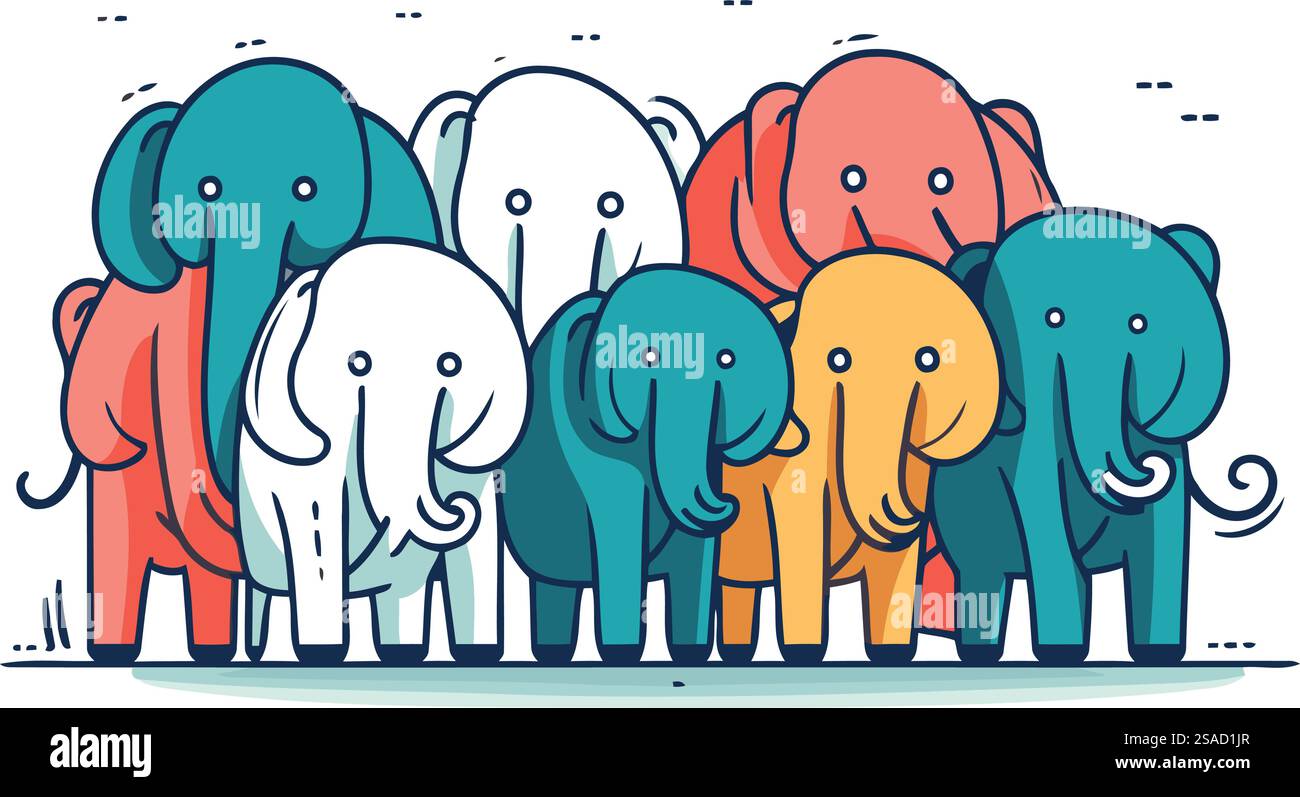 Group of elephants. Vector illustration in line art style on white ...