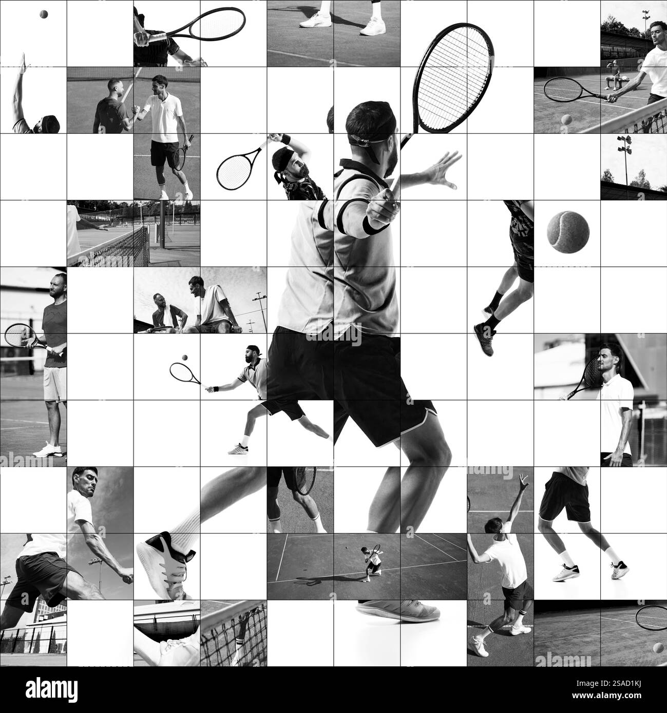 Collage in mosaic style of tennis players in action on court ...