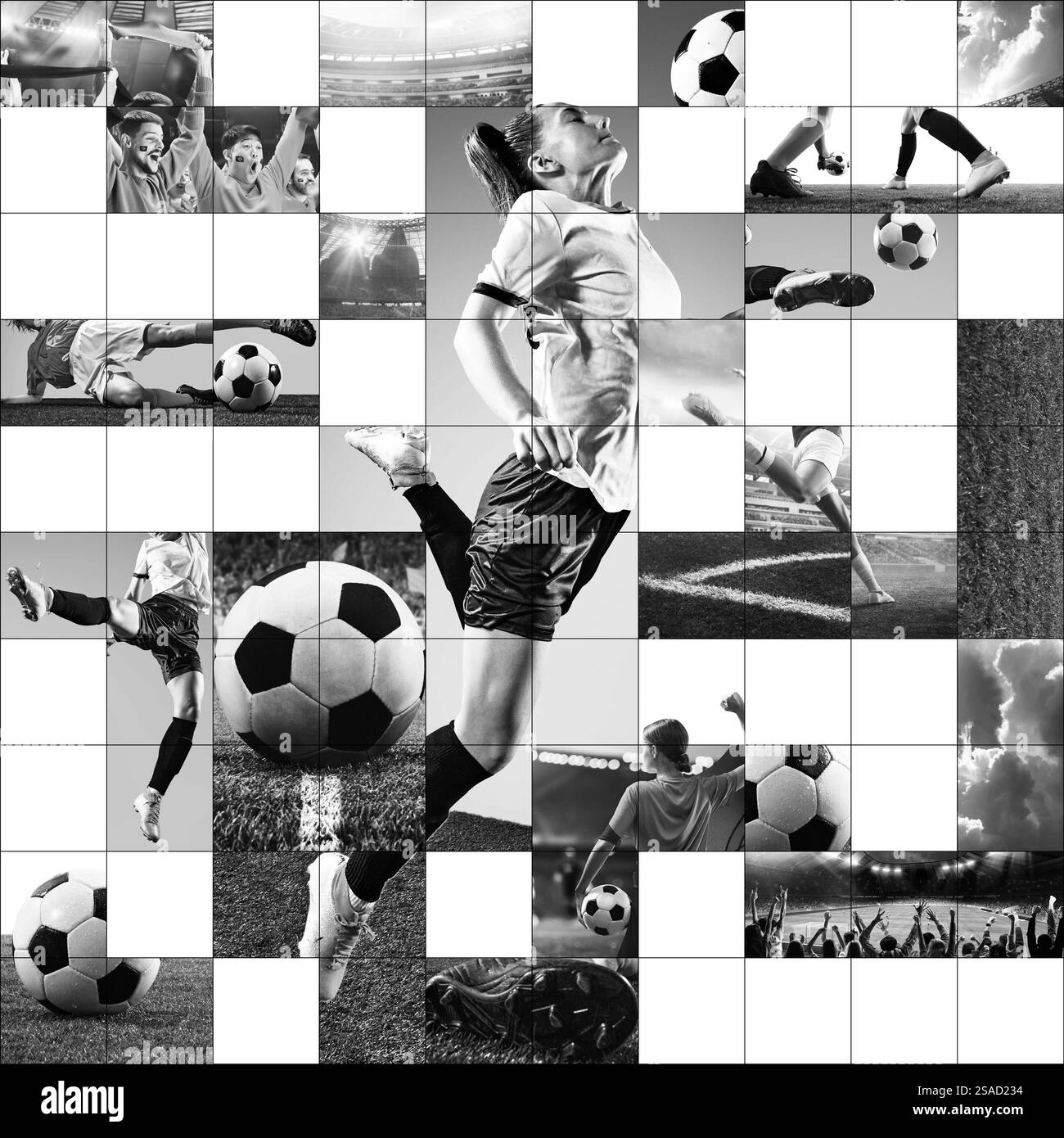 Mosaic collage of female soccer players in motion, showing teamwork ...