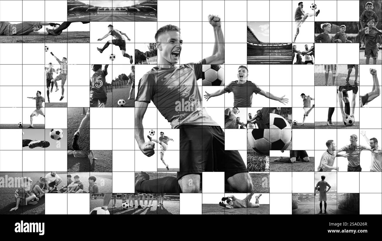 Collage in mosaic style of male soccer players in dynamic action ...