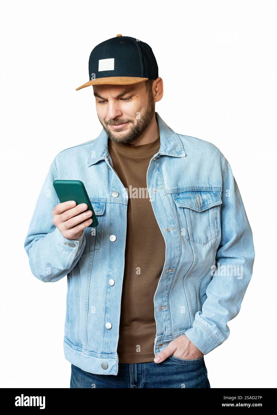 Isolated of young adult man with short beard wearing denim jacket and ...