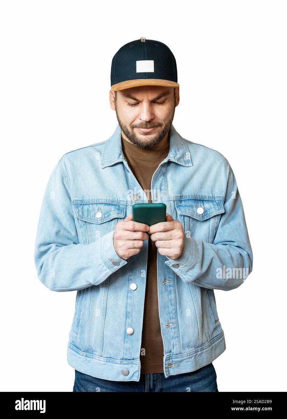 Cutout of young adult man with short beard wearing denim jacket and ...