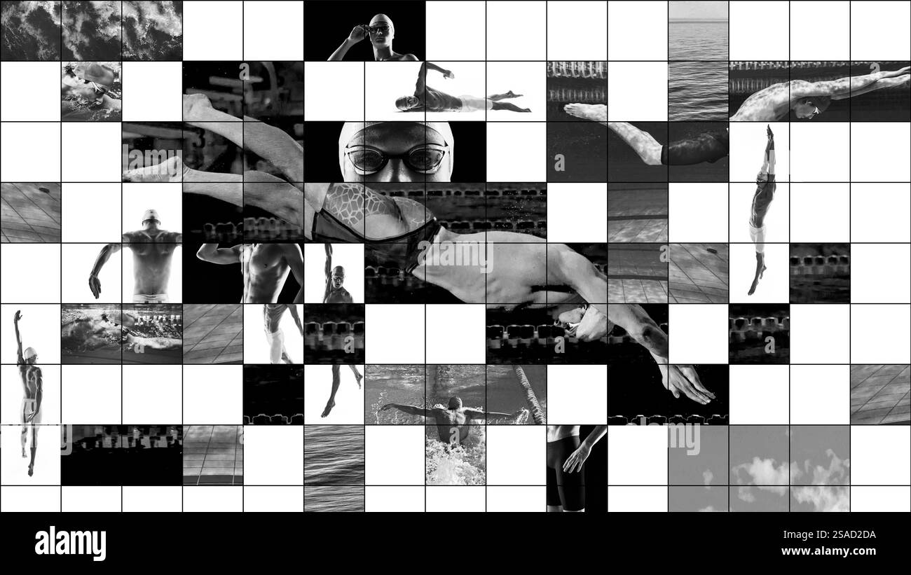 Collage in mosaic style of swimming athletes in action, capturing power ...