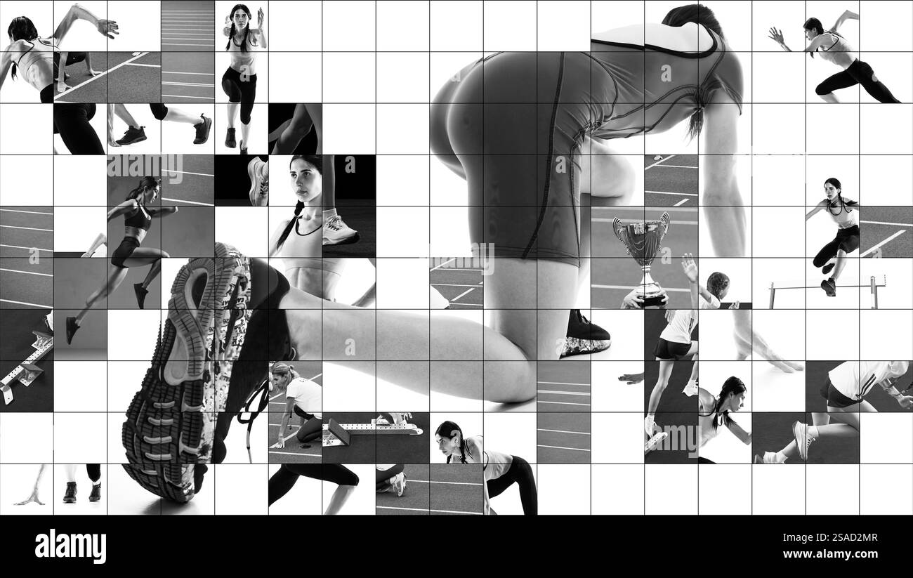 Mosaic collage of runners, athletes in motion, highlighting speed ...