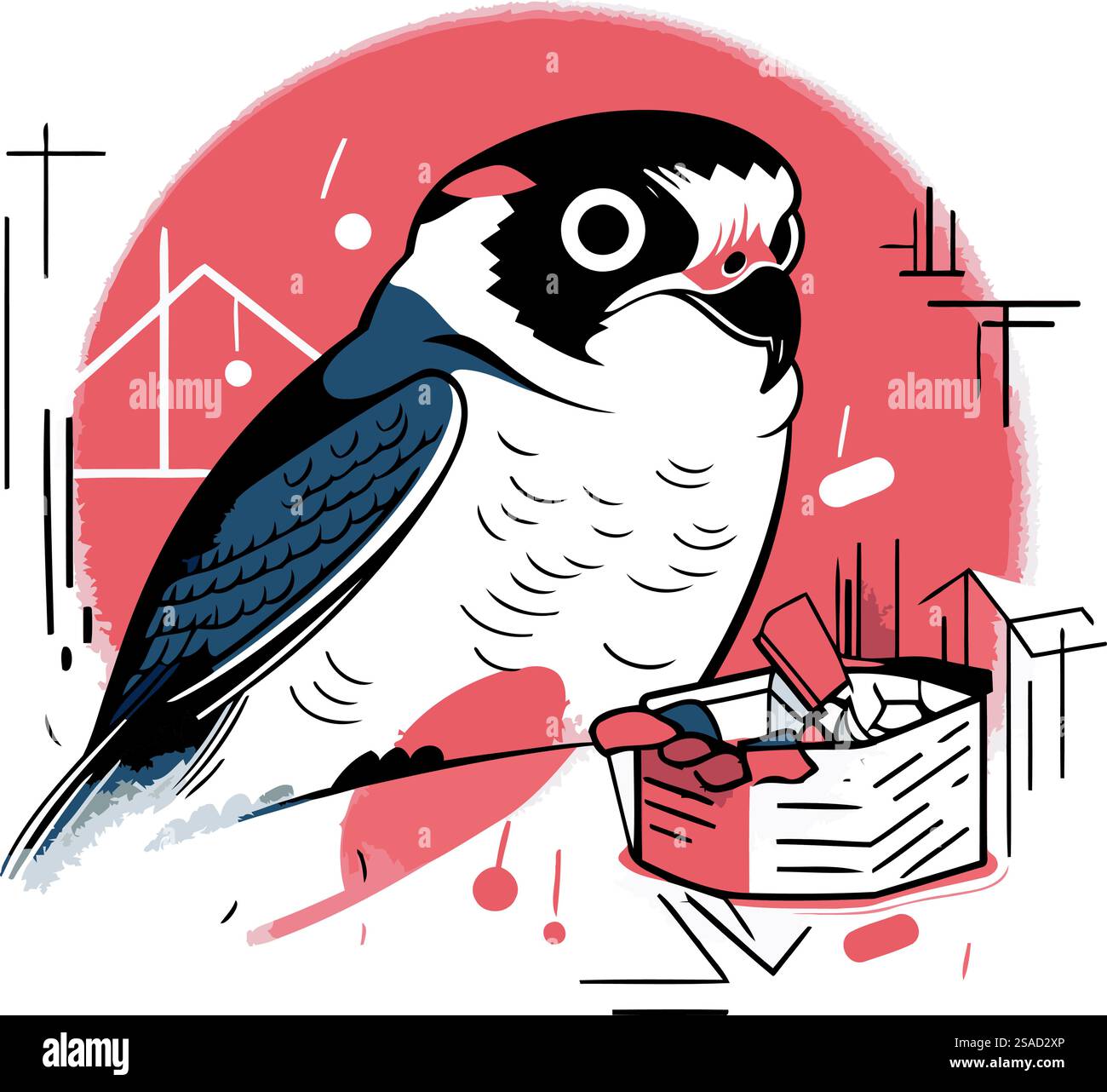 Hand drawn vector illustration of a falcon with a box of food Stock ...