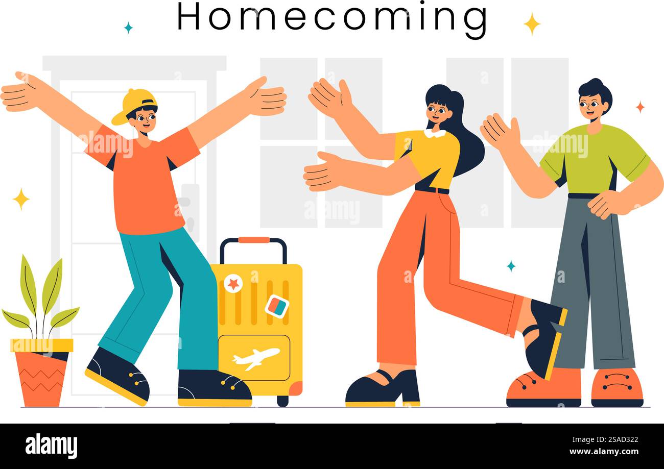 Homecoming Vector Illustration featuring a Joyous Moment of Reunion, Welcoming Someone Back Home ...