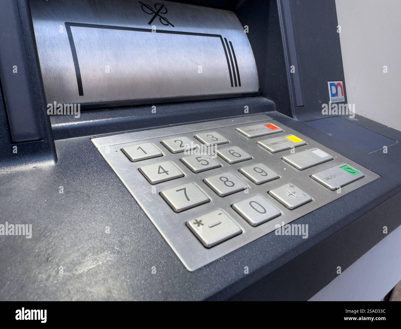 Close-up of an ATM keypad revealing numbers and functions in bright ...