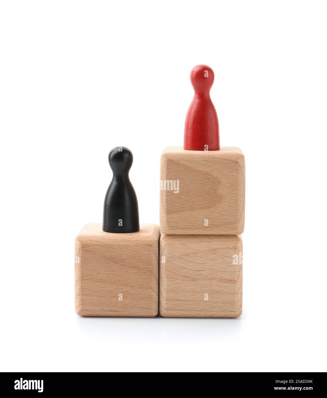 Human figures on wooden blocks, red one on top against white background ...