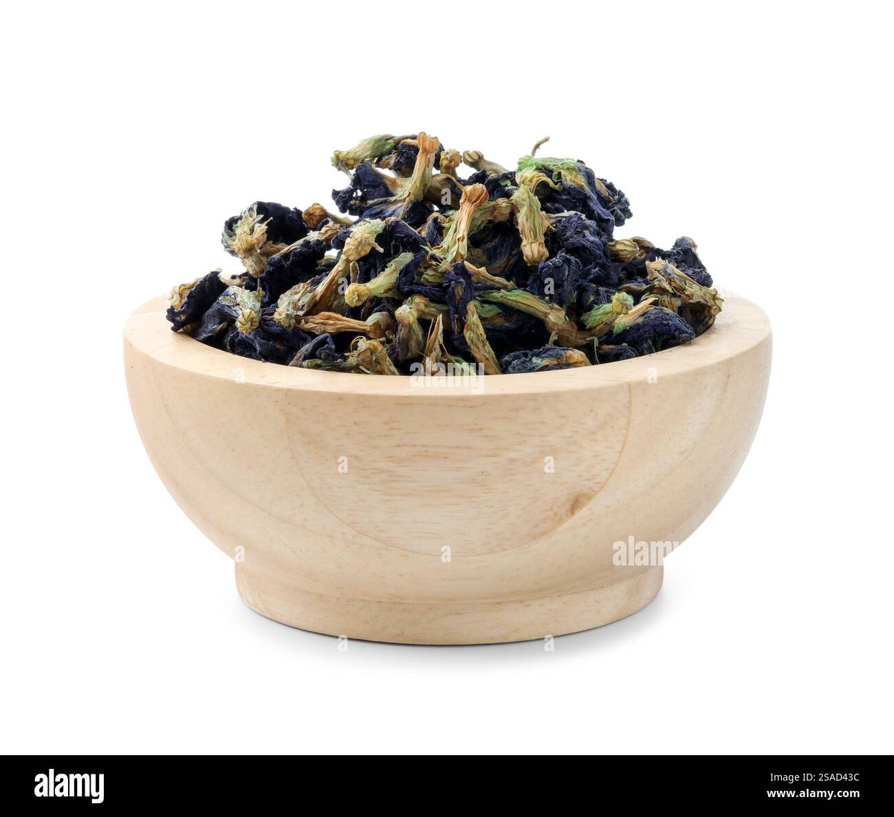 Butterfly pea flower tea. Dry Clitoria ternatea petals in bowl isolated ...