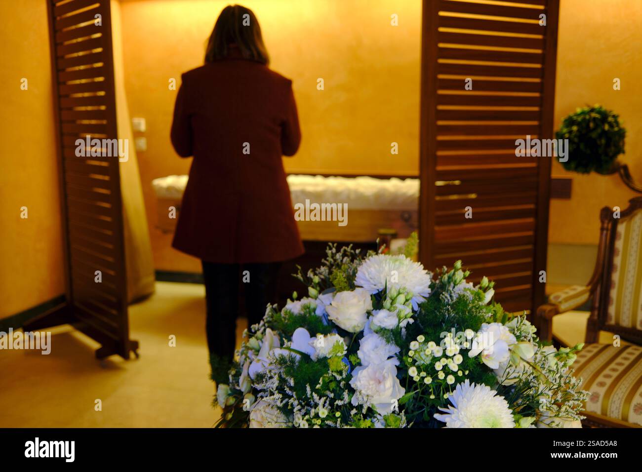 Funeral home. Mortuary. Final farewell to the deceased. Mourning Stock ...