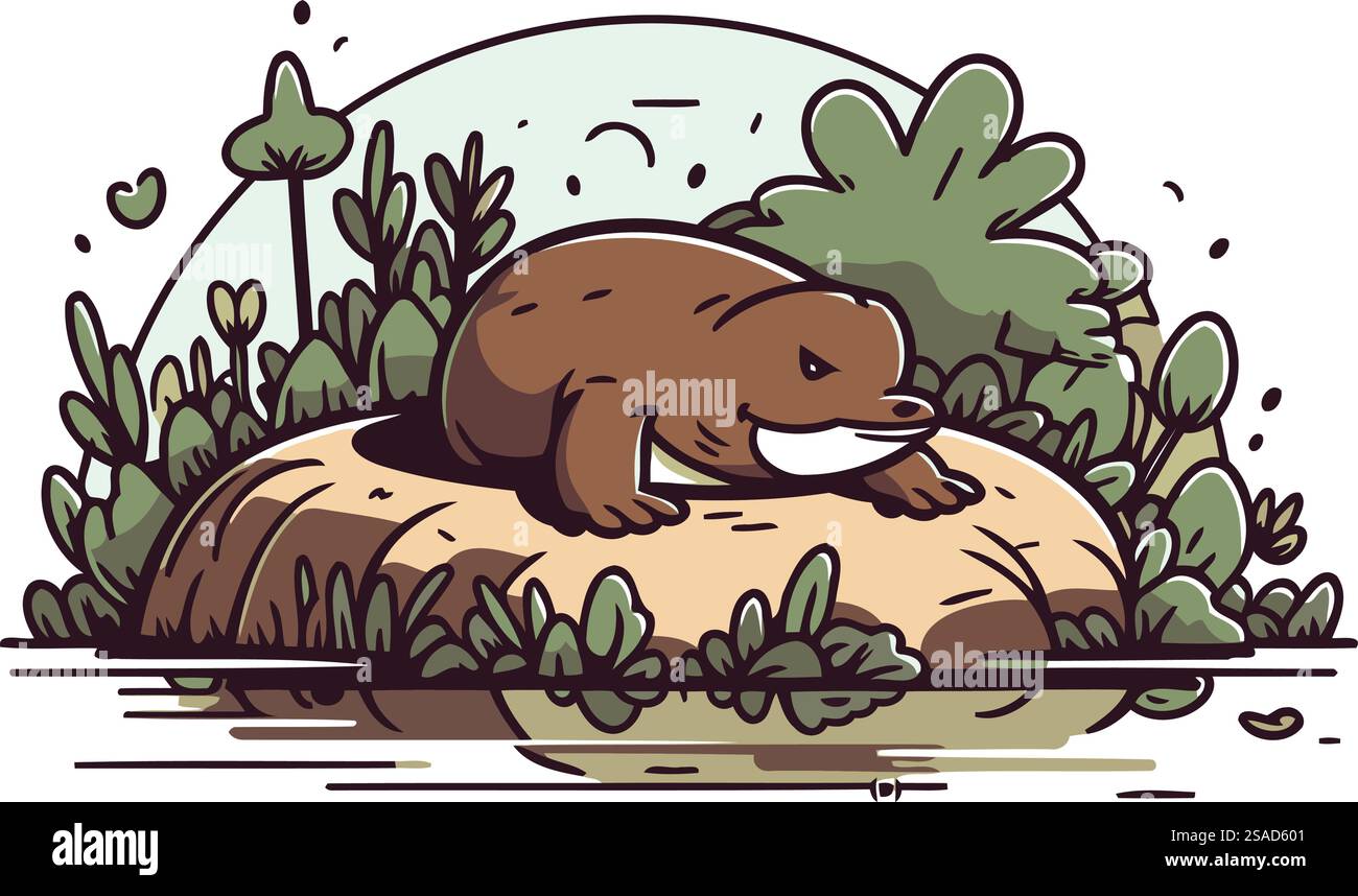 Cute cartoon brown bear sleeping on a rock. Vector illustration Stock ...