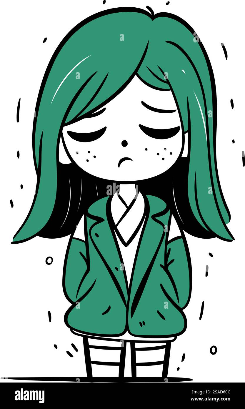 illustration of a sad girl with green hair in a jacket Stock Vector ...