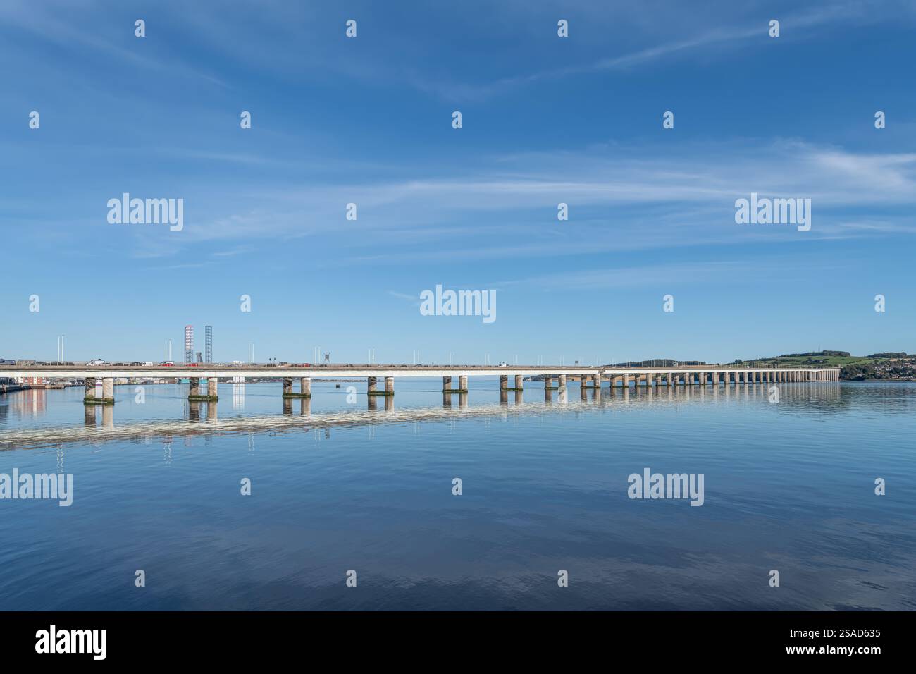 The Tay Road bridge reflected in the River Tay, Dundee, Angus, Scotland ...