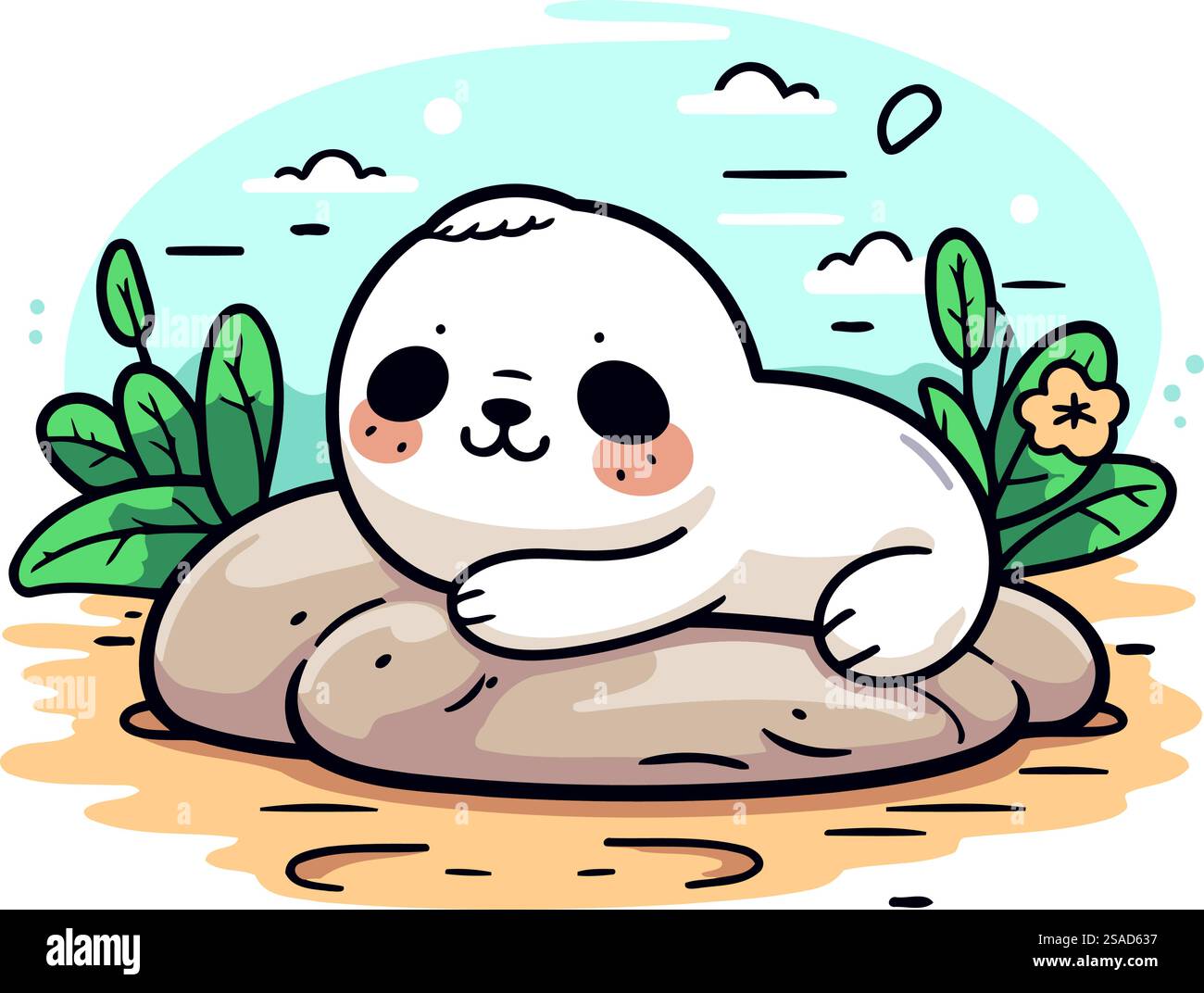 Cute sloth on the rock. Vector illustration in cartoon style Stock ...