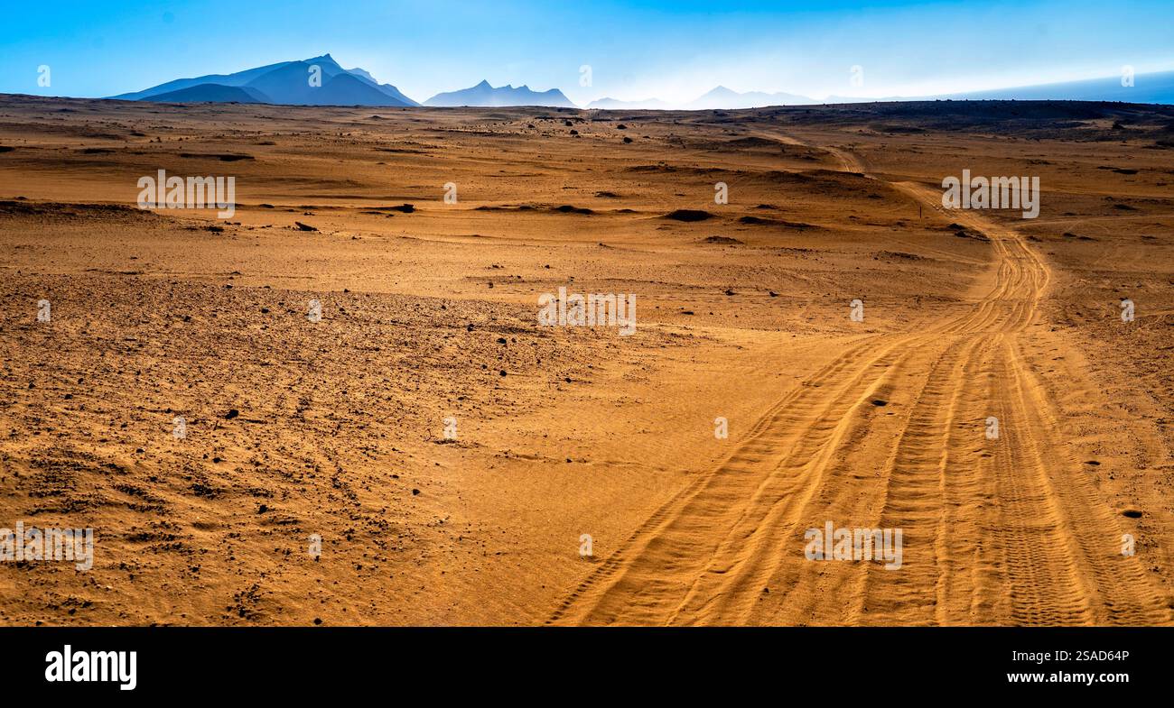 A vast desert landscape with a winding dirt road leading into the ...