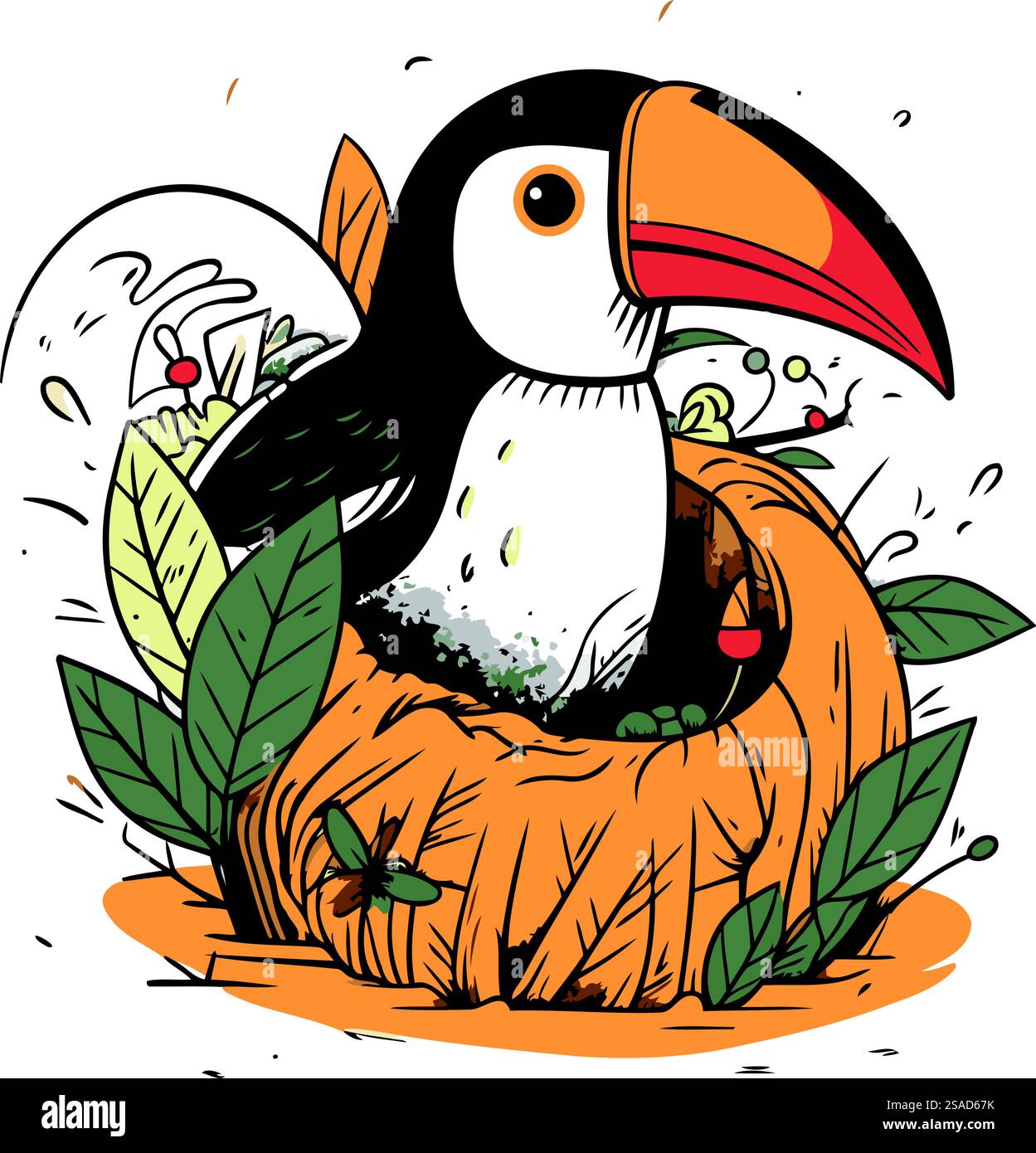 Hand drawn vector illustration of a cute toucan sitting in a pumpkin ...