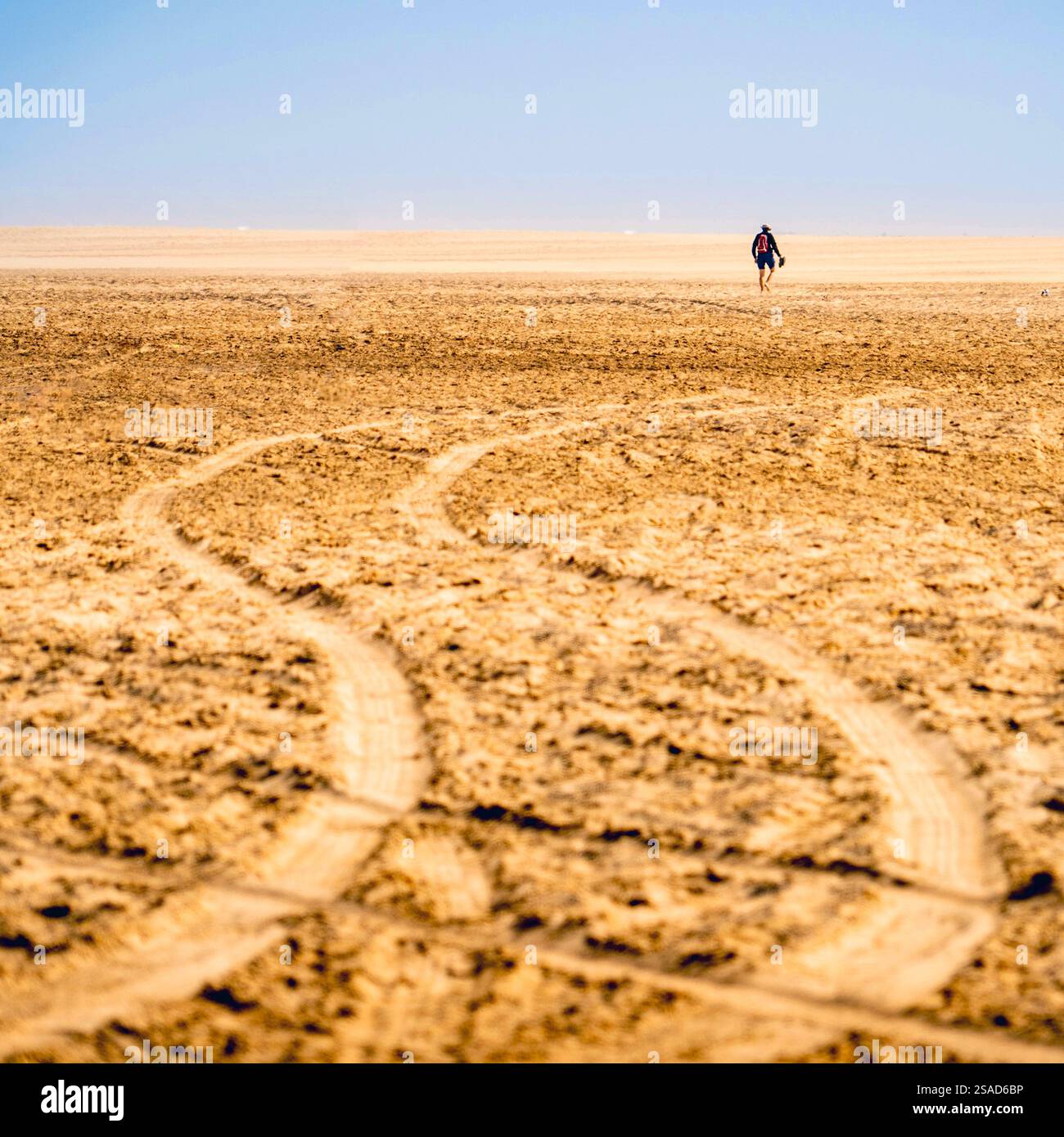 A lone figure walking across a vast, dry landscape with tire tracks in ...