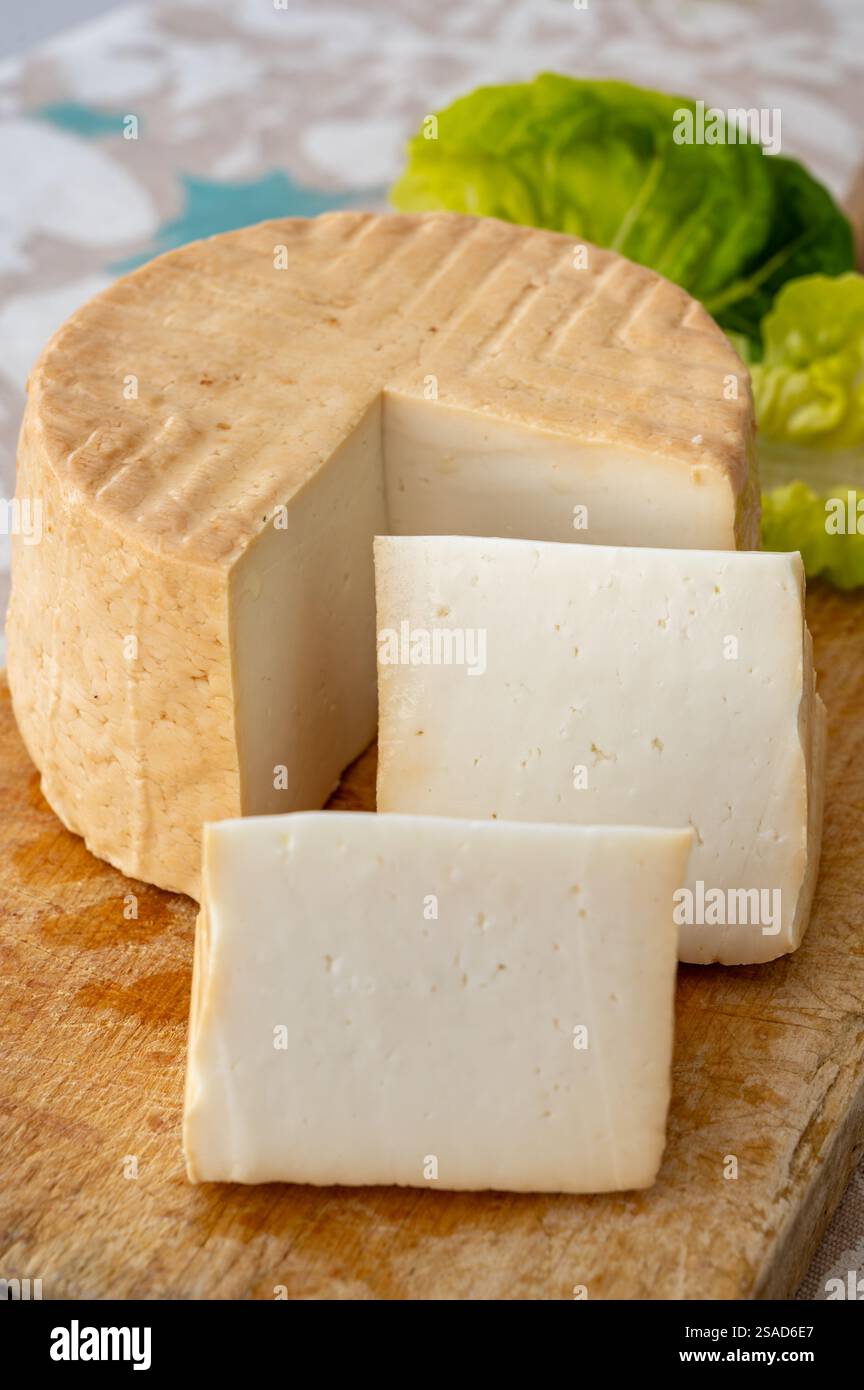 Cheese collection, piece of round fresh smoked Spanish goat cheese with ...