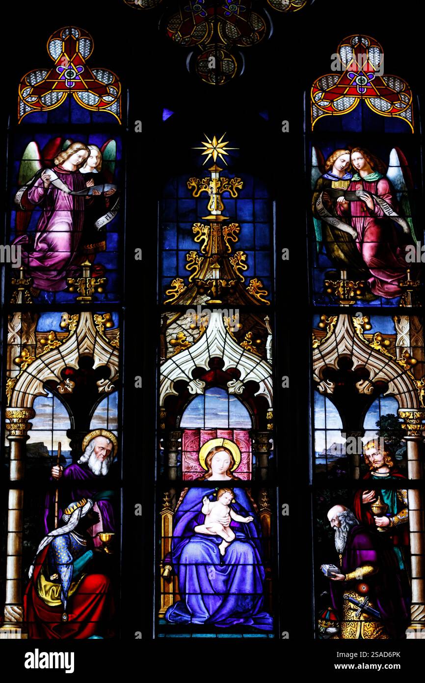 Regensburg Cathedral. Stained glass window. Virgin Mary and child ...