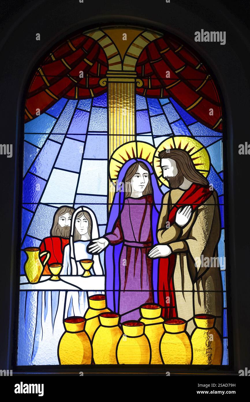 Stained glass in a church in Minorca, Spain : the miracle at Cana Stock ...