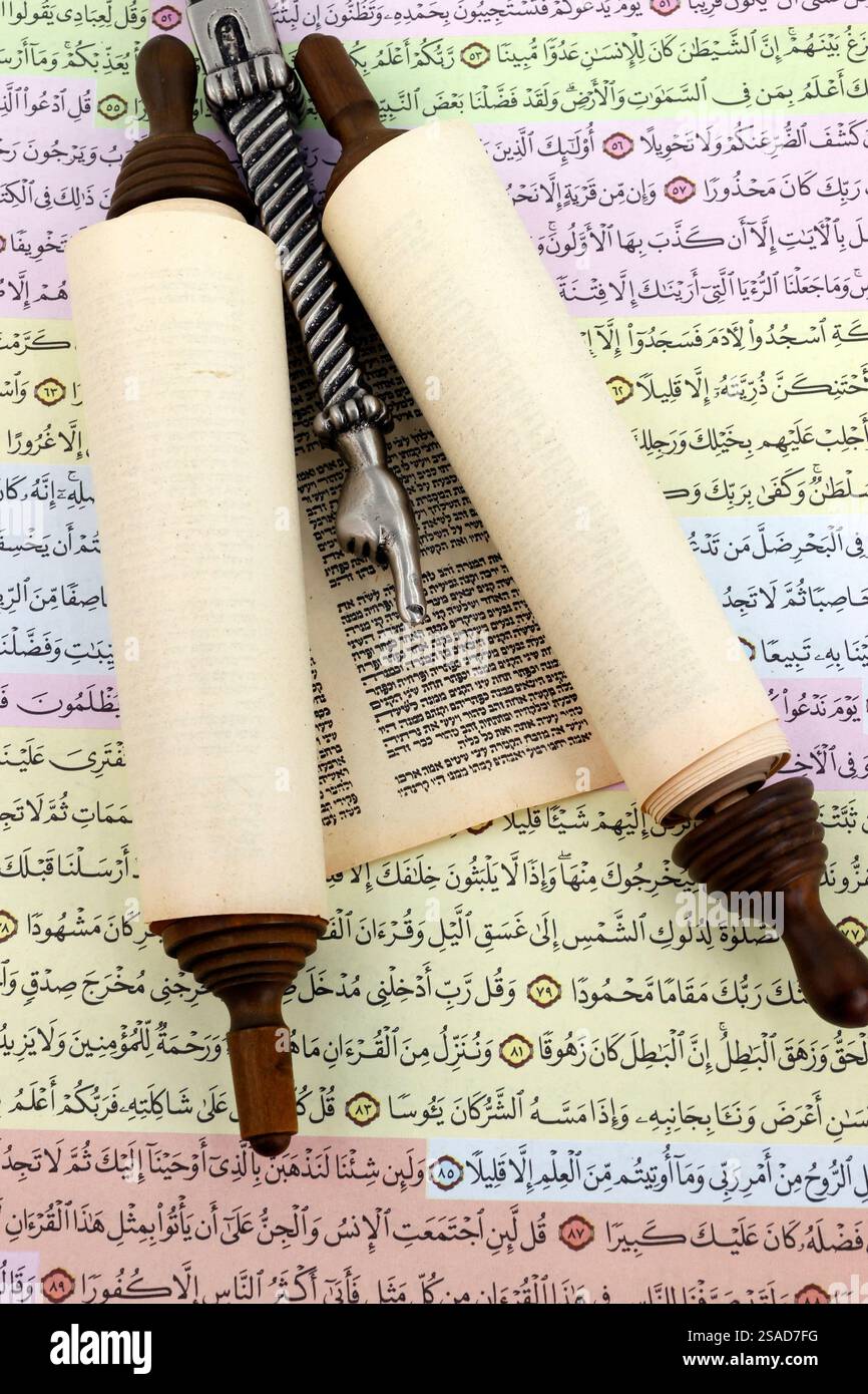 Torah scrolls in Hebrew, yad and quran in Arabic. Relationship between ...