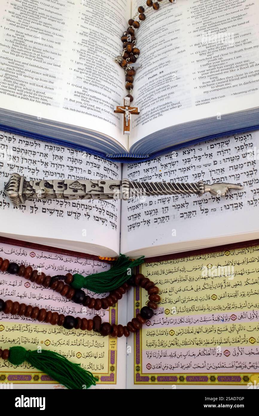 Bible, Quran and Torah. Concept of interfaith dialogue. Christianity ...