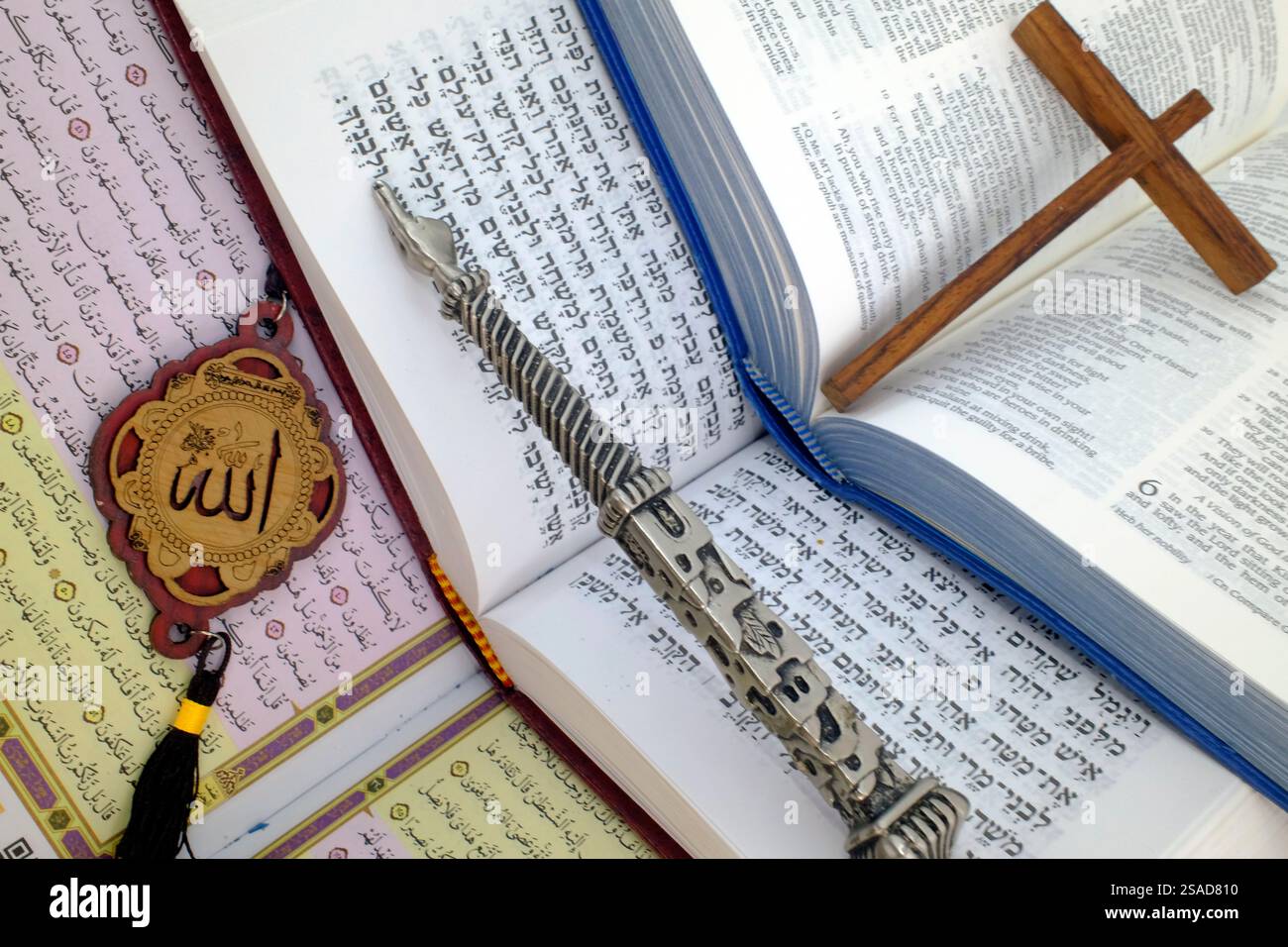 Bible, Quran and Torah. Concept of interfaith dialogue. Christianity ...