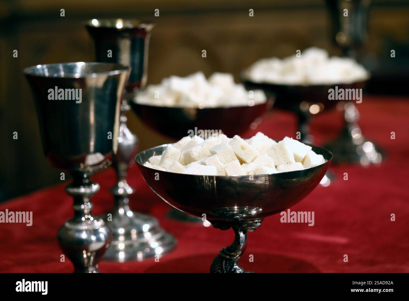 Protestant church. Vine and bread on altar. Communion in memory of the ...