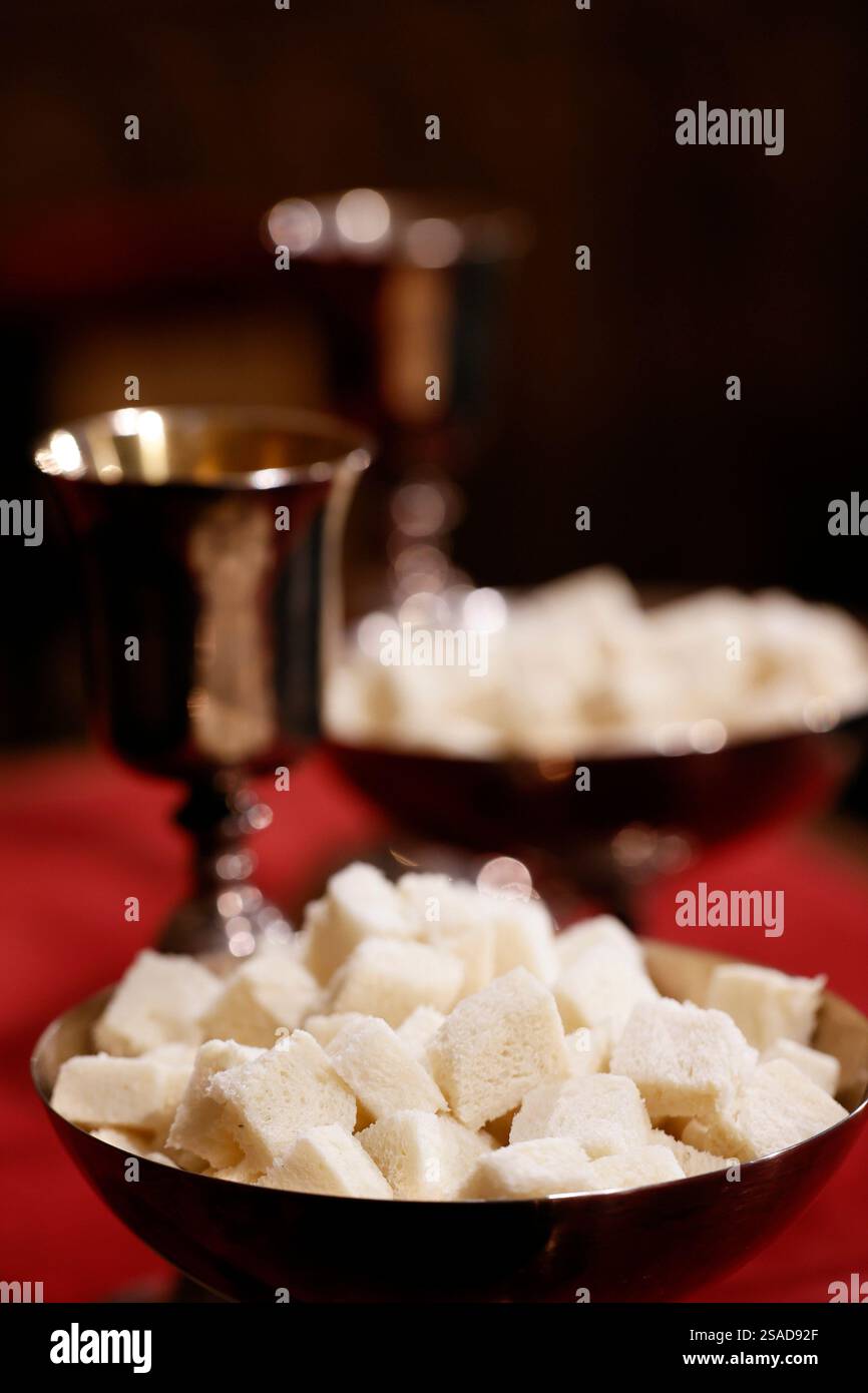 Protestant church. Vine and bread on altar. Communion in memory of the ...