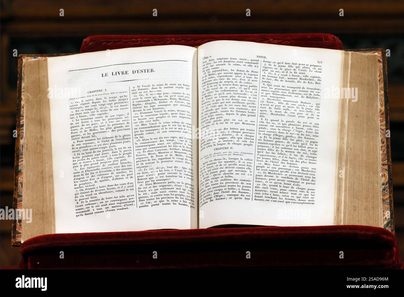 Old bible open in a church. The book of Esther. Paris. France Stock ...
