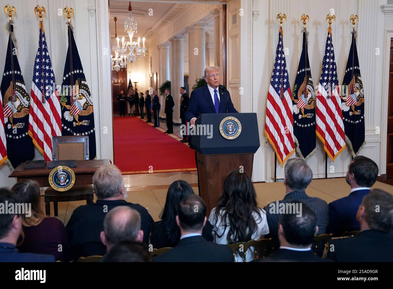 President Donald Trump speaks before signing the Laken Riley Act in the ...