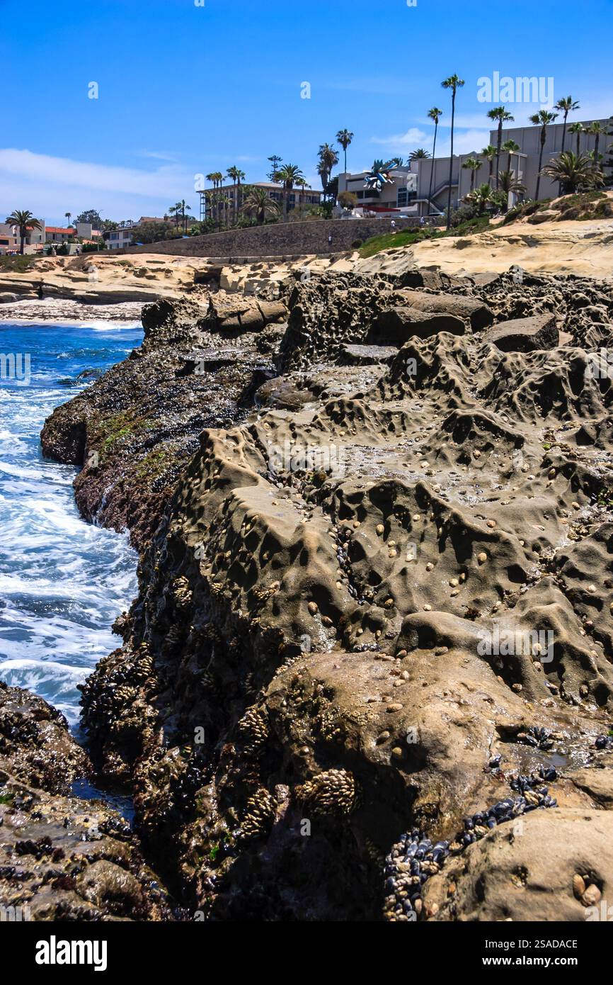 A rocky shoreline with a blue sky in the background. The rocks are ...