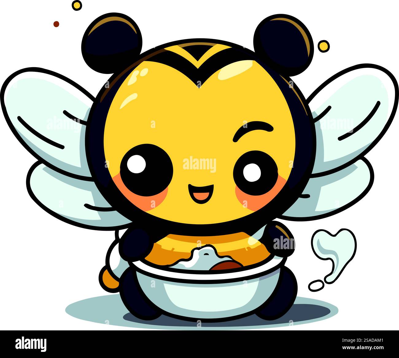 Cute cartoon bee character eating a bowl of food vector illustration ...