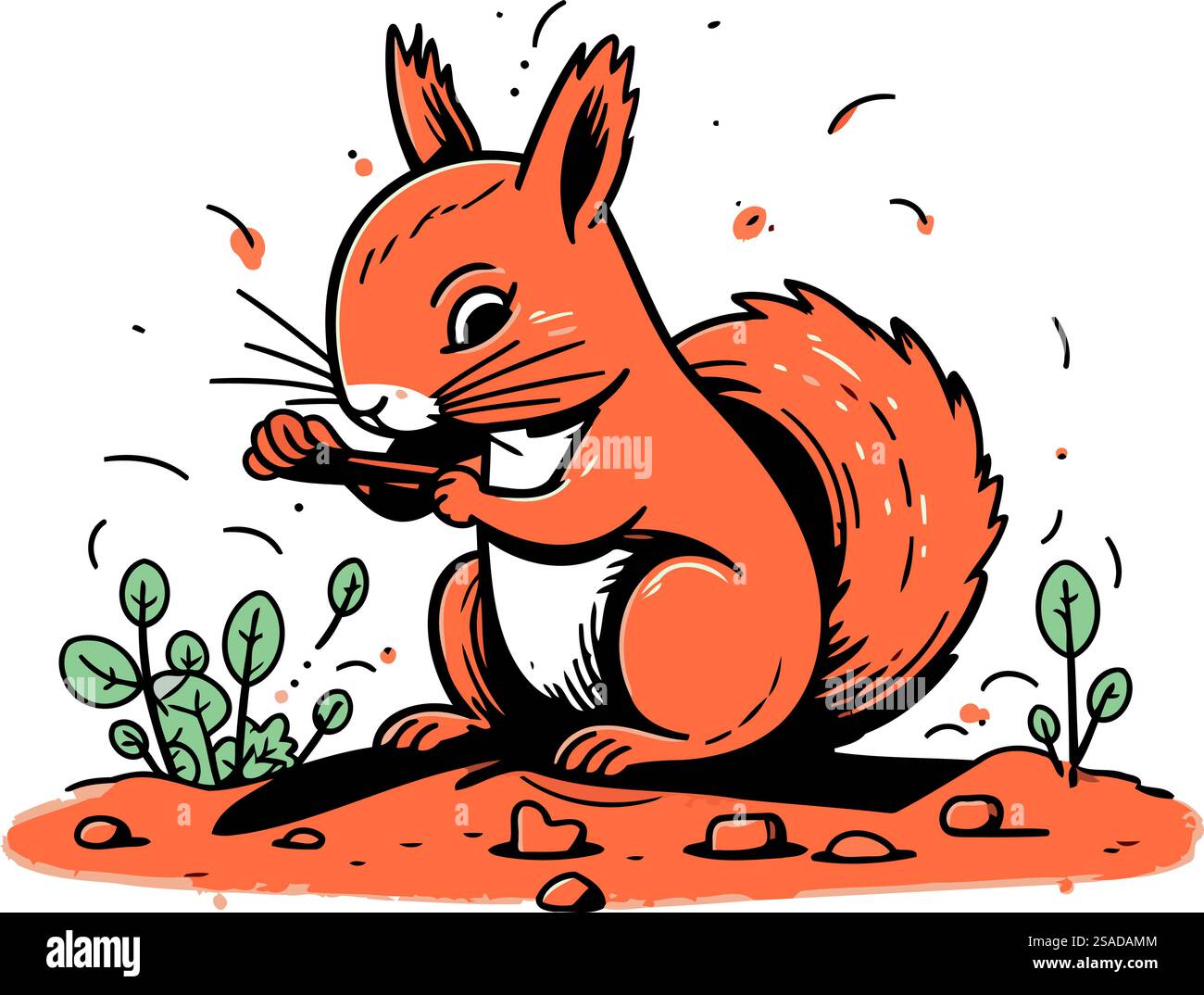 Squirrel eating a nut. Vector hand drawn illustration in cartoon style ...
