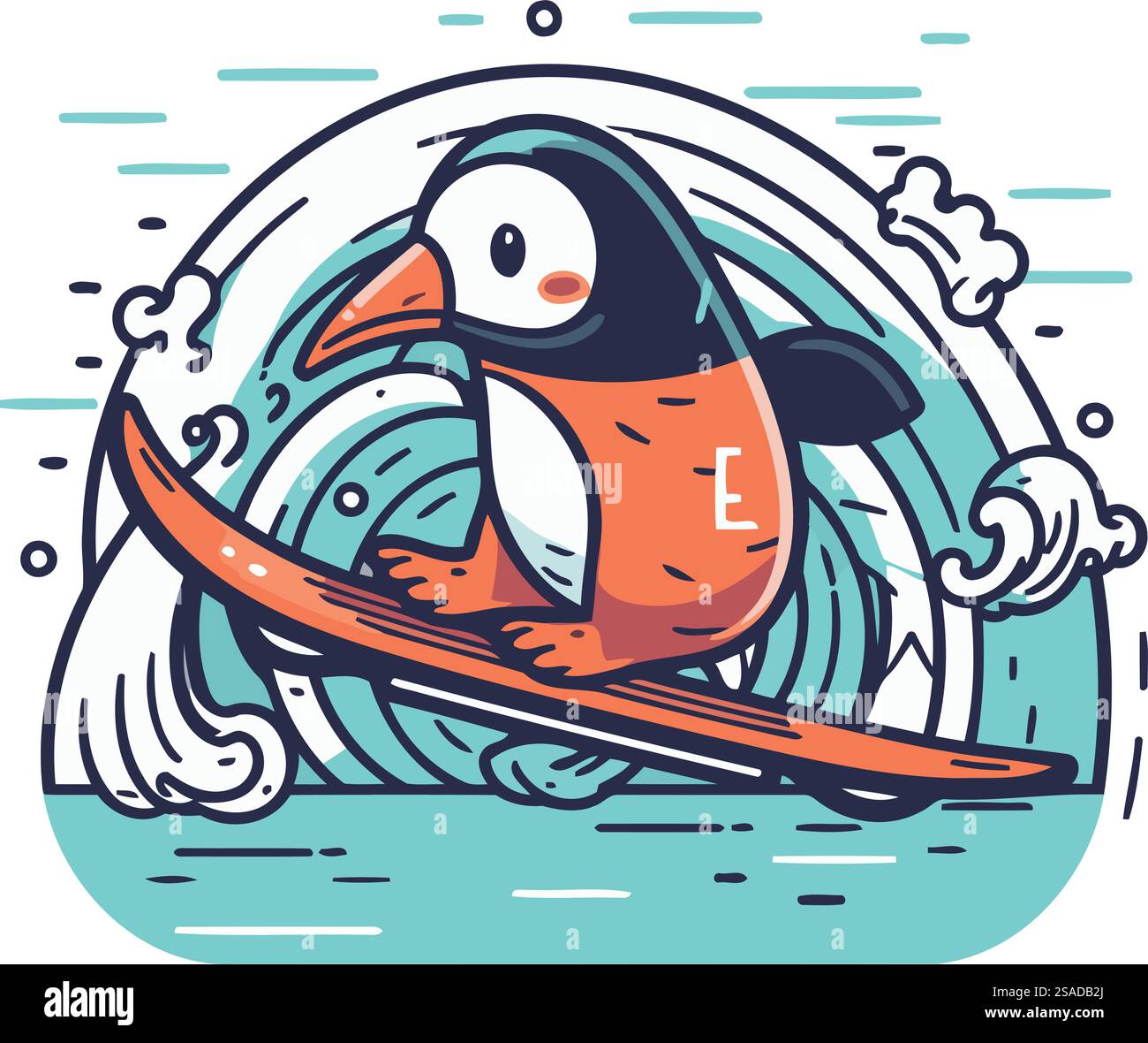Cute penguin surfing on the wave. Vector illustration in linear style ...