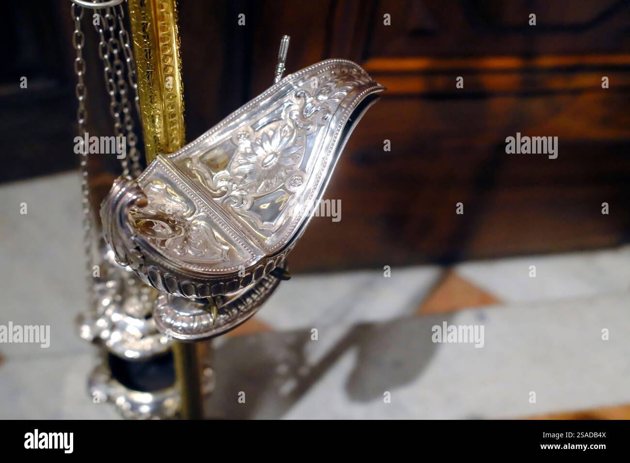 Basilica of the visitation. Sacristy. Catholic Mass. Censer and incense ...