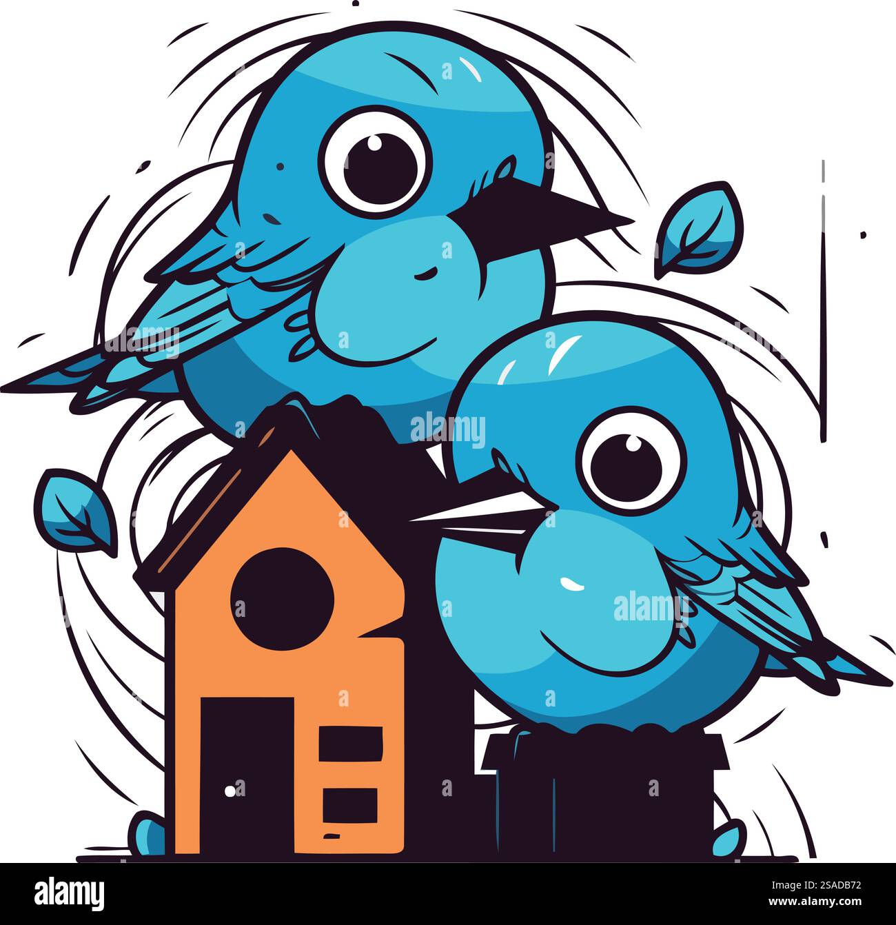 Cute cartoon blue birds in front of a house. Vector illustration Stock ...