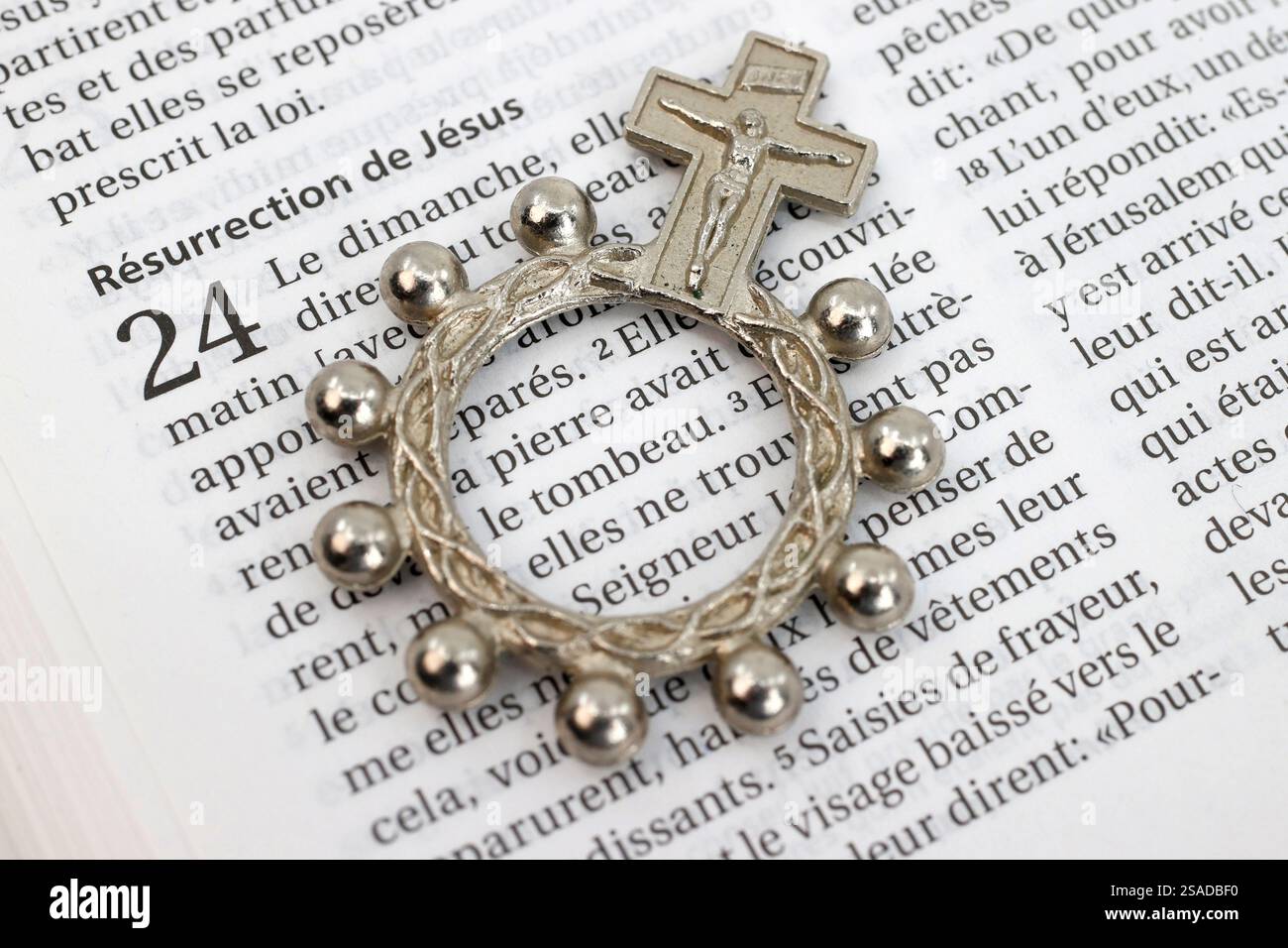 Open bible with rosary ring and crucifix. Symbol of Christianity ...