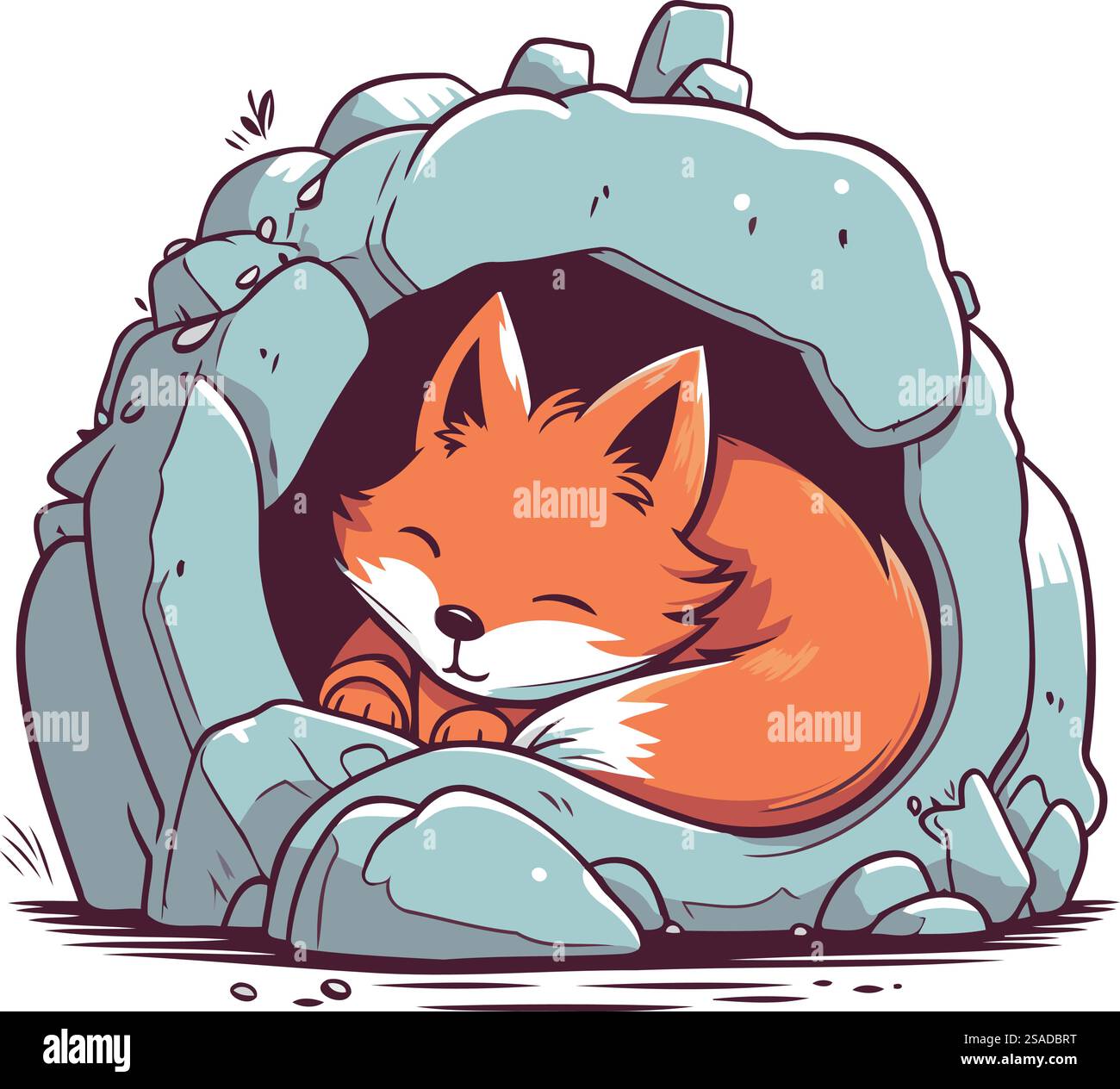 Cute cartoon fox sleeping in a cave. Vector illustration on white ...