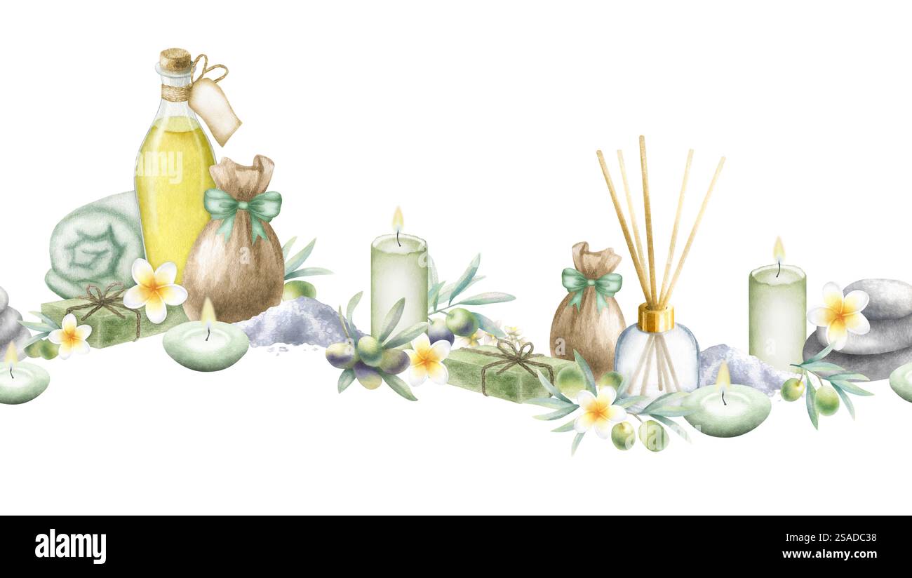 Olive oil, soap aleppo, sea salt, rolled up towel, candles, stack ...